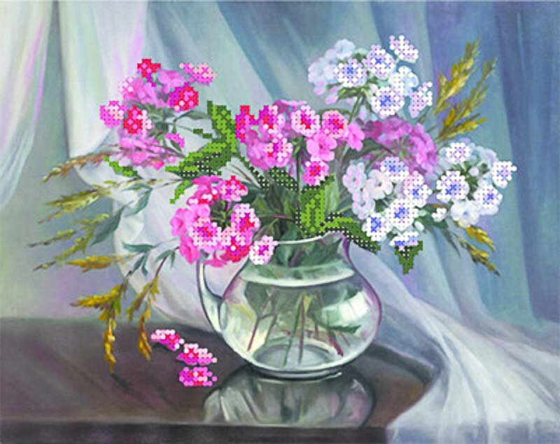Канва/ткань с рисунком Матренин посад для вышивания бисером 28 см х 34 см 4013 "Флоксы"