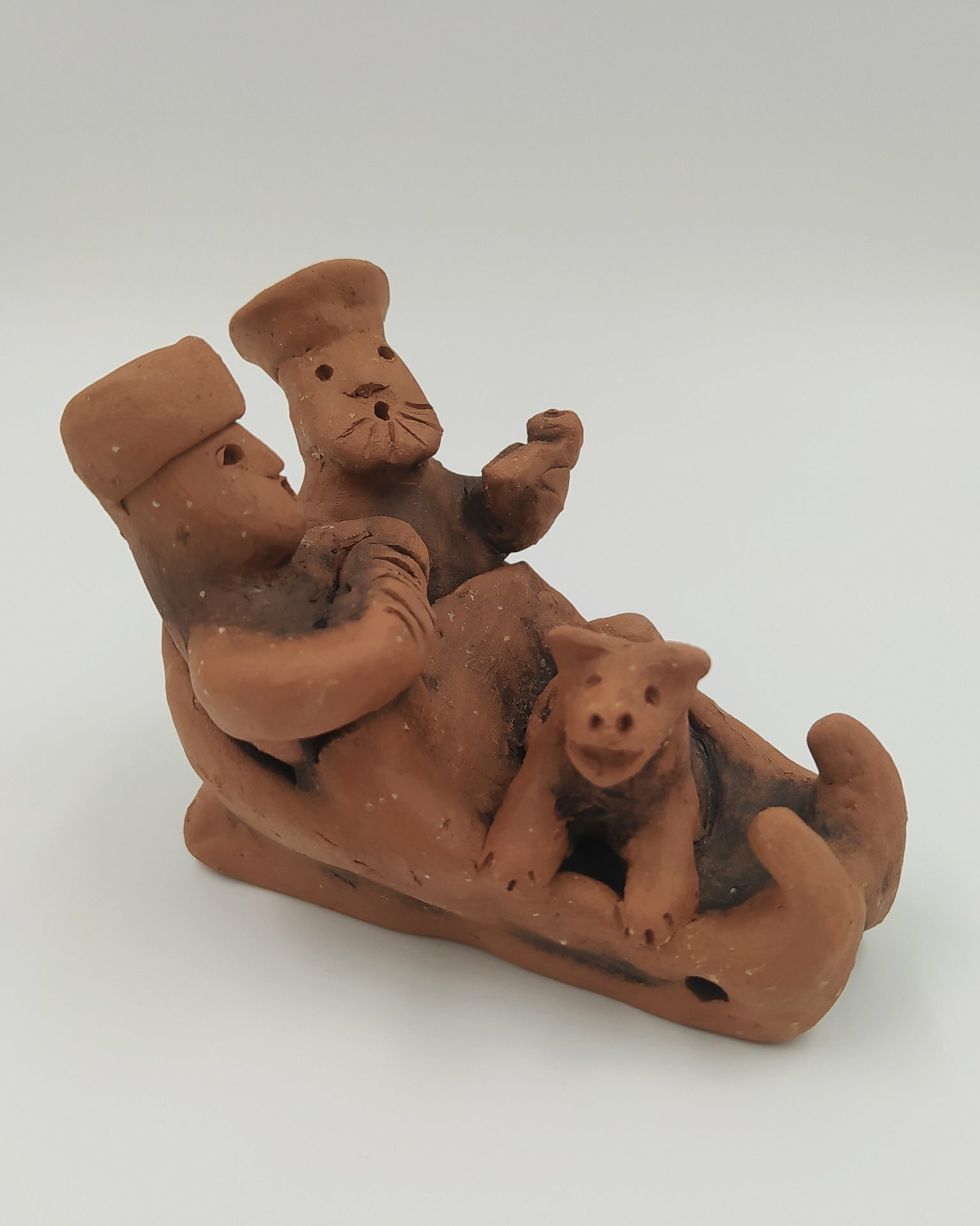 Игрушка каргопольская "Мужики в санях", подпись мастера "О. Ш.", глина, лепка, СССР