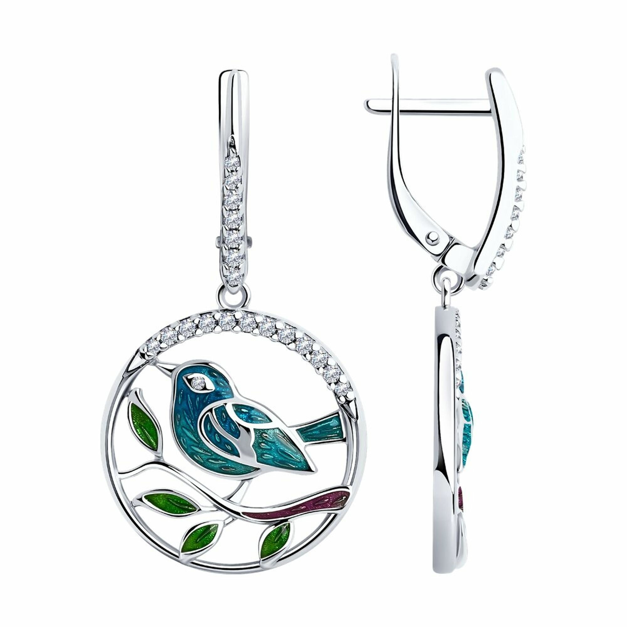 Серьги, серебро, 925 проба, родирование, фианит, эмаль