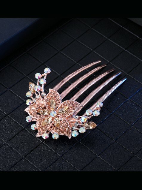 Гребень металлический со вставкой из страз, цвет шампанское