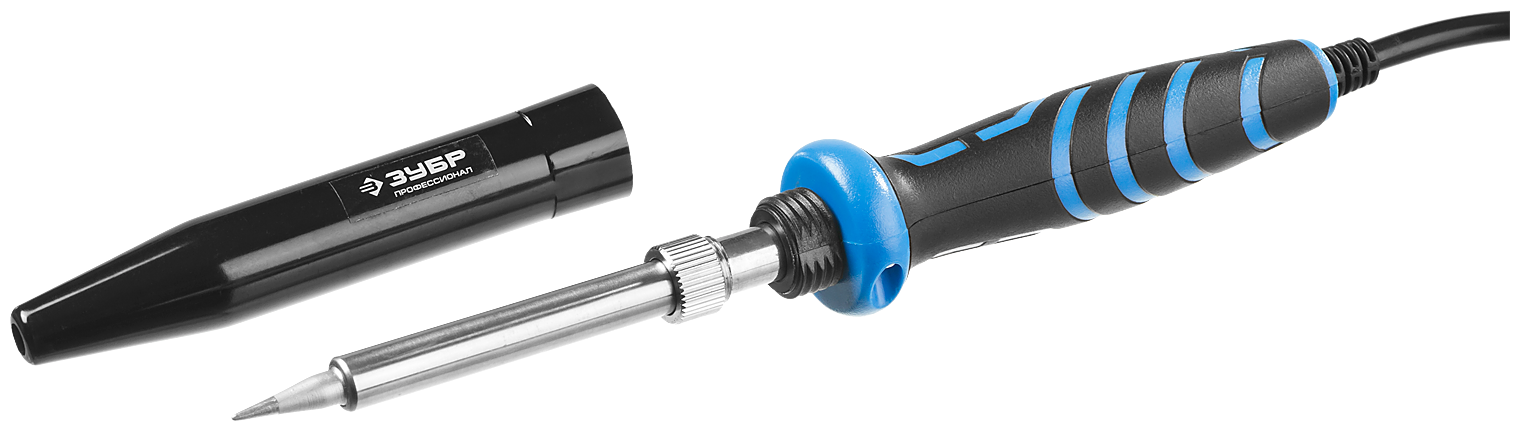 Паяльник c двухкомпонентной рукояткой в наборе с припоем и подставкой, ЗУБР Профессионал 55402-60, 60Вт, конус