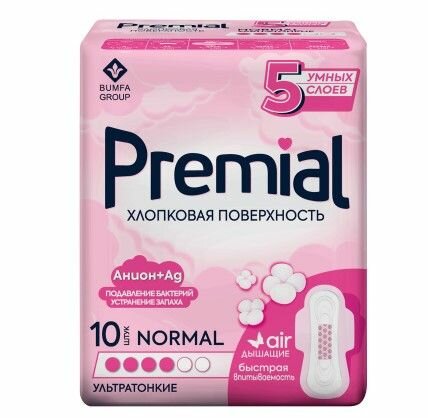 Набор из 3 штук Premial прокладки женские гигиенические с крылышками normal wings хлопковая поверхность 10 шт