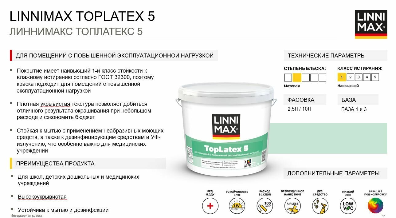 Краска для стен с высокой нагрузкой LINNIMAX Toplatex 5 / ТопЛатекс 5 База 1 ;10 л