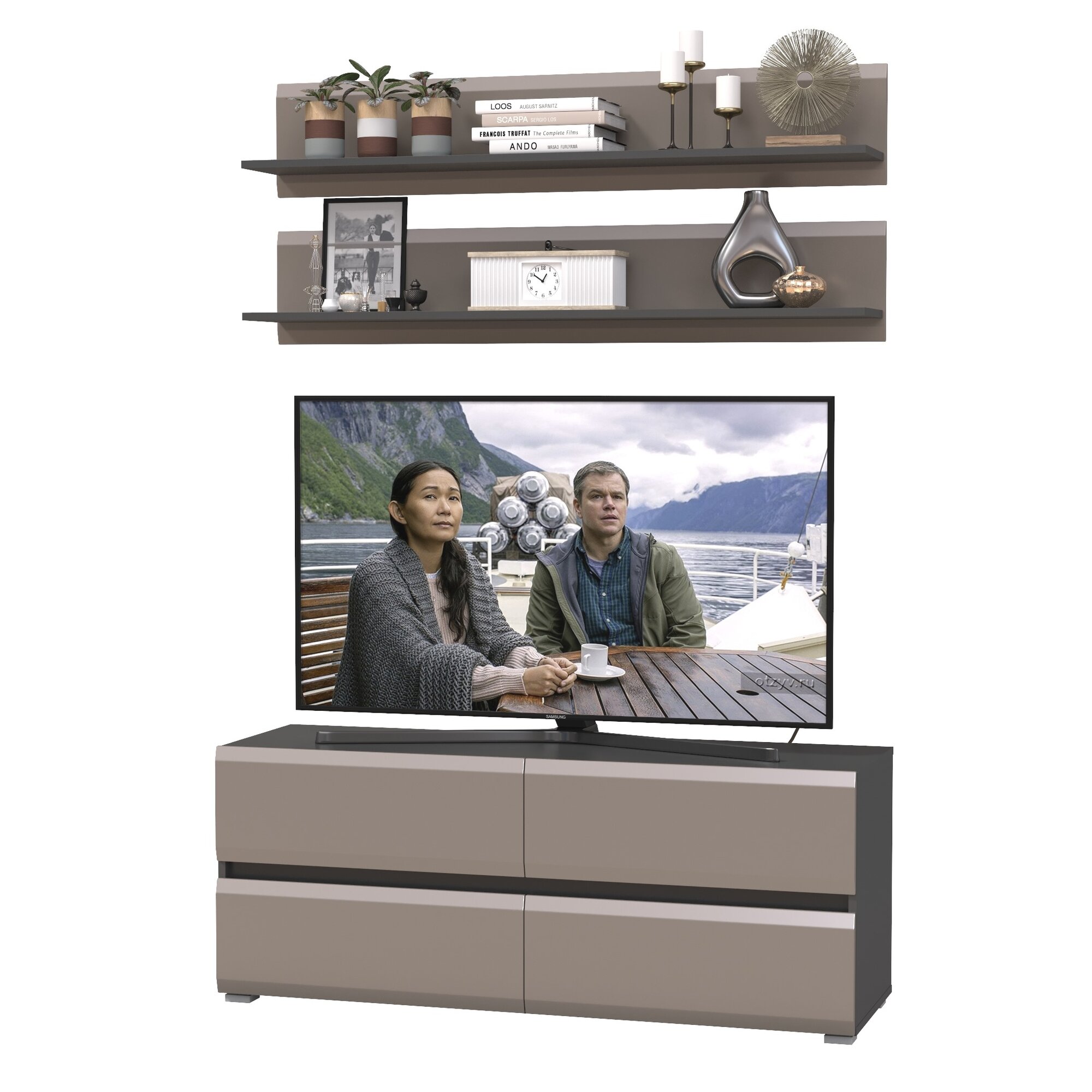 Две открытых полки Сидней и ТВ-тумба, цвет антрацит/МДФ веллюто капучино, 130х41,3х210 см.