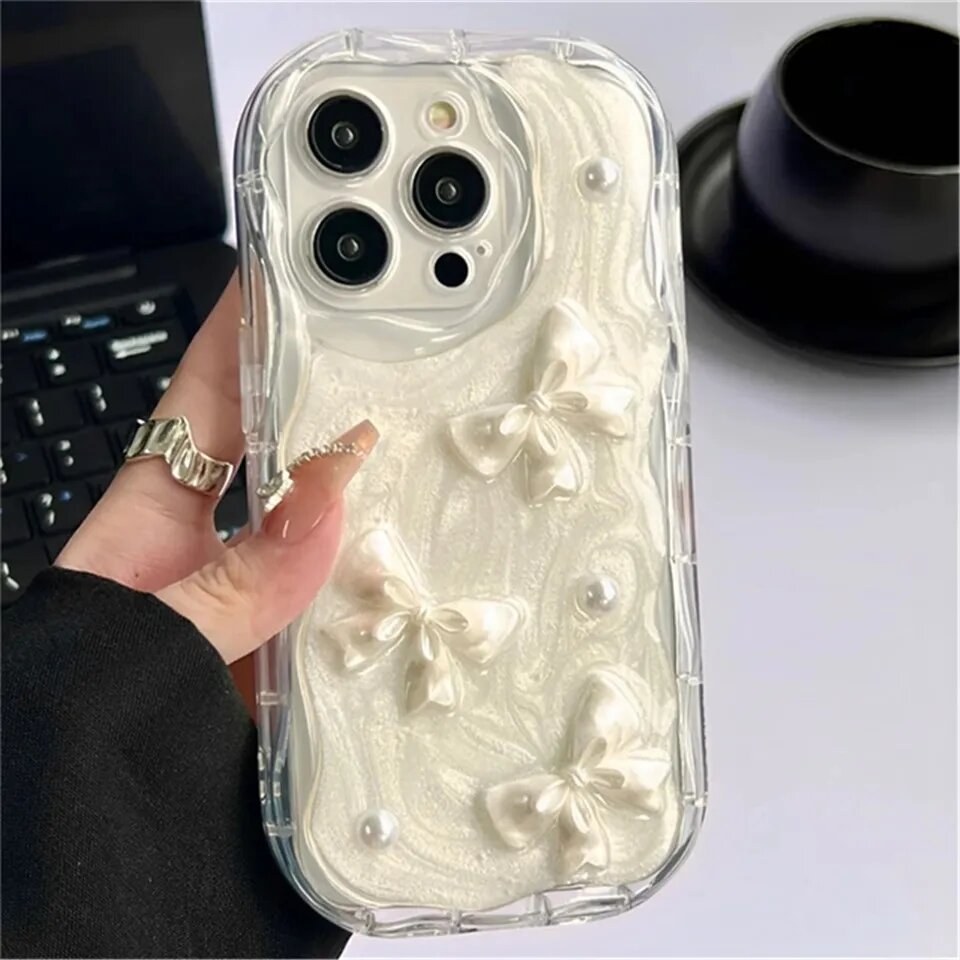 Милый корейский чехол для телефона с 3D бантом и жемчугом для iPhone 16, 15, 14, 13, 12, 11 Pro Max 14 Plus XS XR XS Max, противоударный мягкий чехол