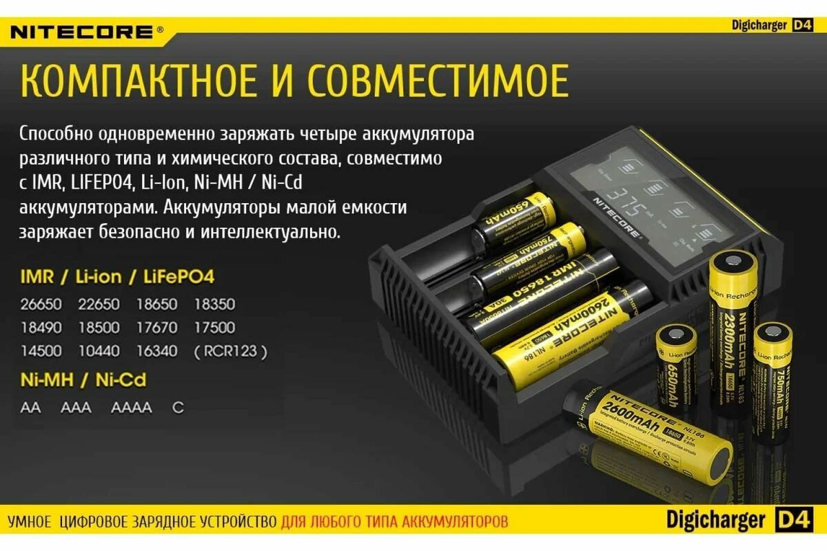 Зарядное устройство Nitecore D4 18650/16340 на 4АКБ Intellicharge V2 Совместим с Li-ion и Ni-MH/Ni-Cd аккумуляторами с автоматическим определением 11480 — фото 1