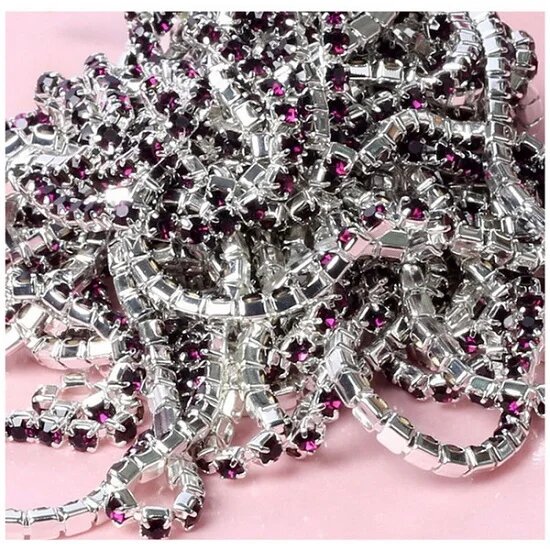 Цепочка страз серебряная, Dark Purple, 1 метр