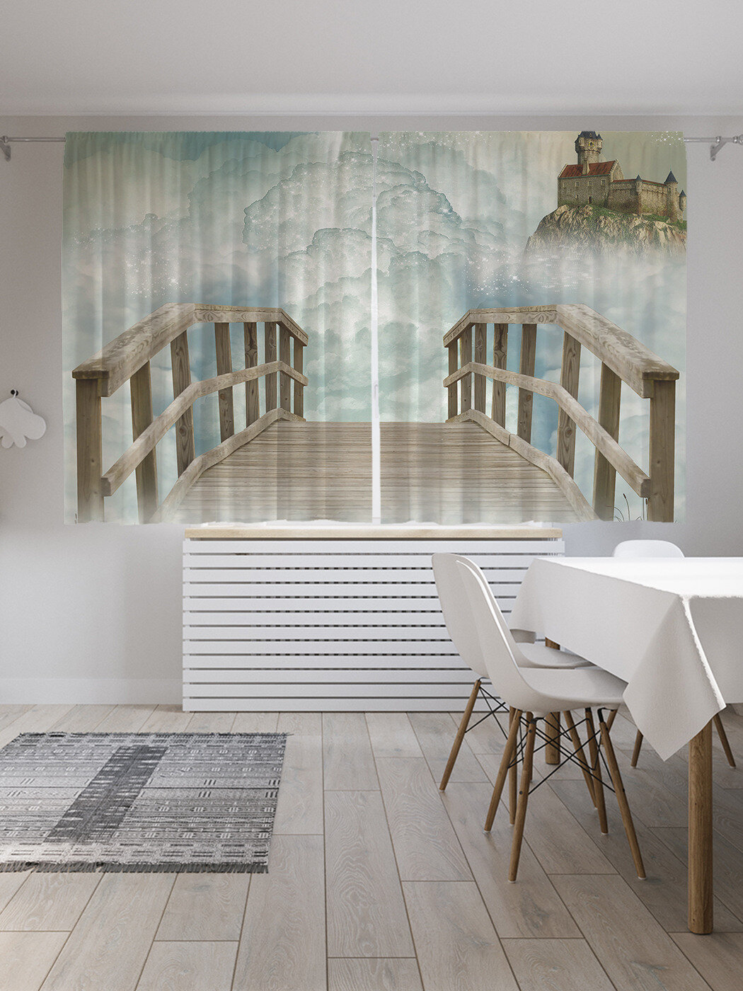 Фотошторы короткие "Деревянный мост в облаках", 2 полотна шириной по 145 см, высота 180 см, JoyArty
