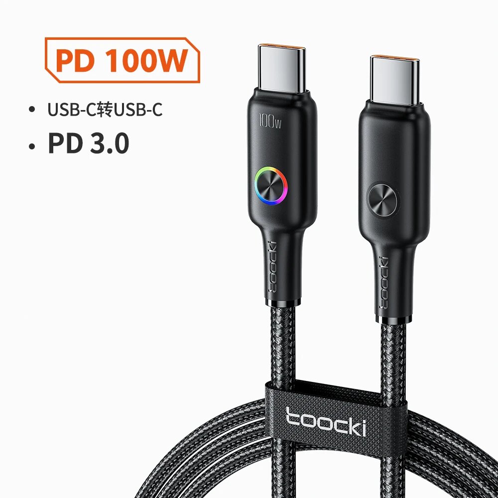 Toocki Кабель USB C — USB C 100 Вт с RGB подсветкой для ноутбука iPhone 15 Samsung S24 S23 Xiaomi Realme Кабель для быстрой зарядки типа C 1.2m
