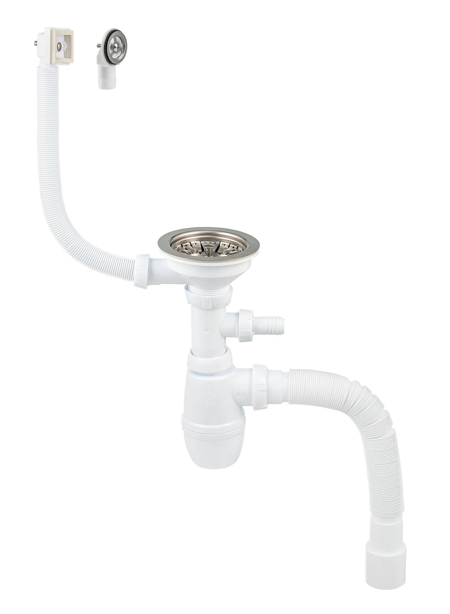 Сифон для мойки Equation d 90 мм с выпуском переливом и отводом для стиральной машины