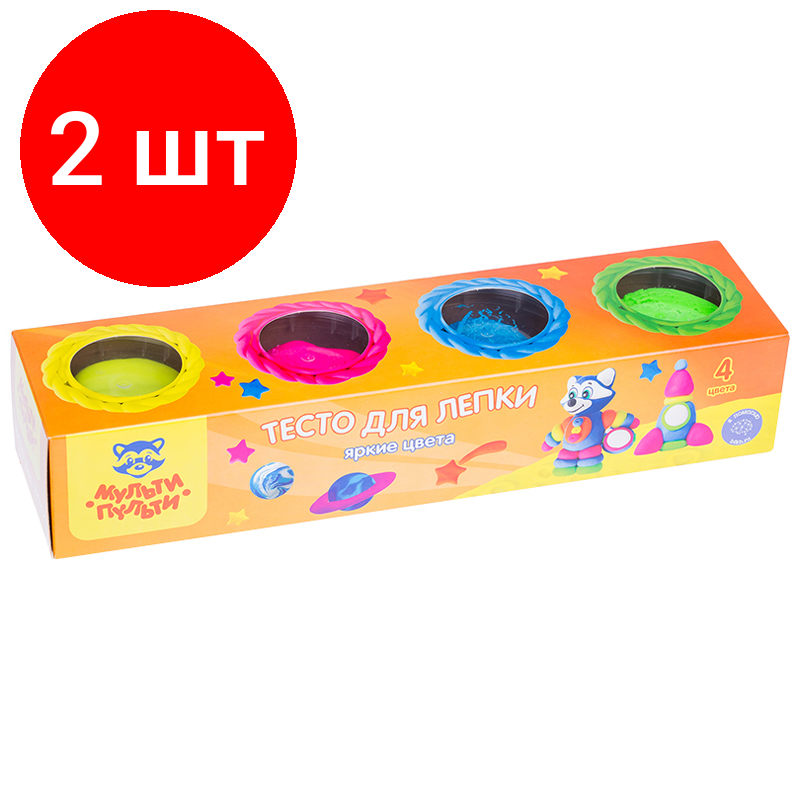 Комплект 2 шт, Тесто для лепки Мульти-Пульти "Енот на Луне", 04 цвета*90г, неоновые цвета, картон