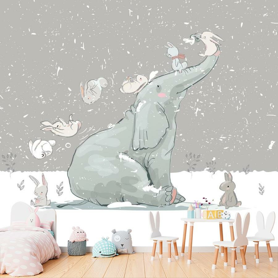 Фотообои Слоник и зайки 14-215-S-Флок 270 x 200 см (ВхШ) Бесшовные, флизелиновые, влагостойкие обои MasterFresok