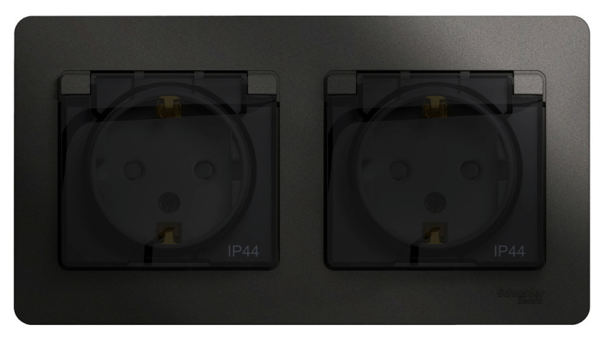 Розетка силовая штепсельная Systeme Electric / Систем Электрик Glossa двухместная в сборе, 16А 250В IP44 антрацит, с заземляющим контактом и шторками GSL000747 / электрооборудование