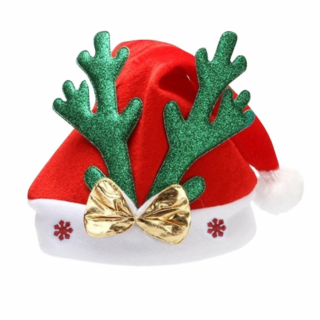 Праздничное оформление, Односторонняя плюшевая шапка с бантом и рогами - зеленая