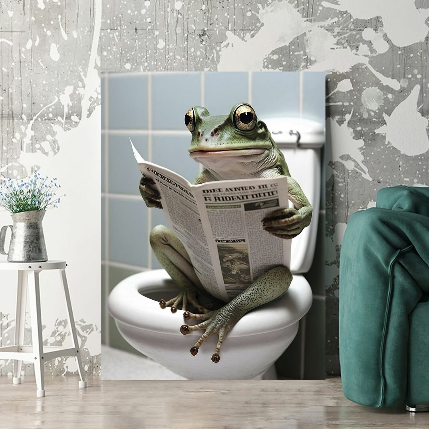 Картина в туалет, ванную комнату Лягушка читает газету, 60х80 см.