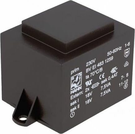 Трансформатор HAHN BV EI 483 1259 Трансформатор: залитый 15ВА 230ВAC 18В 18В 417мА 417мА 450г 1шт
