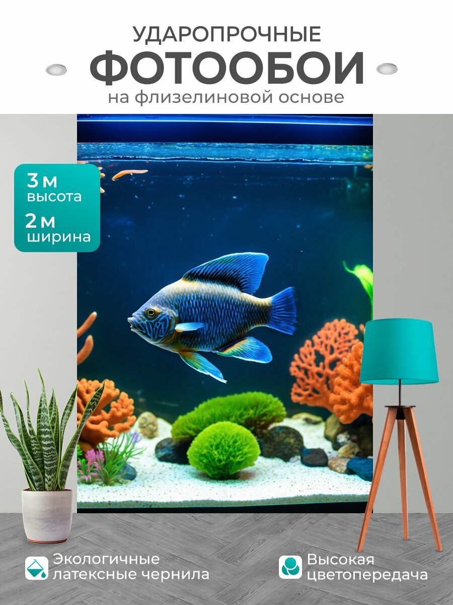 Фотообои моющиеся ударопрочные "Миниатюрный аквариум с массивными пираньями и яркими кораллами. стиль - реалистичная фотография с акцентом на детали." 200x300 см. флизелиновые на стену