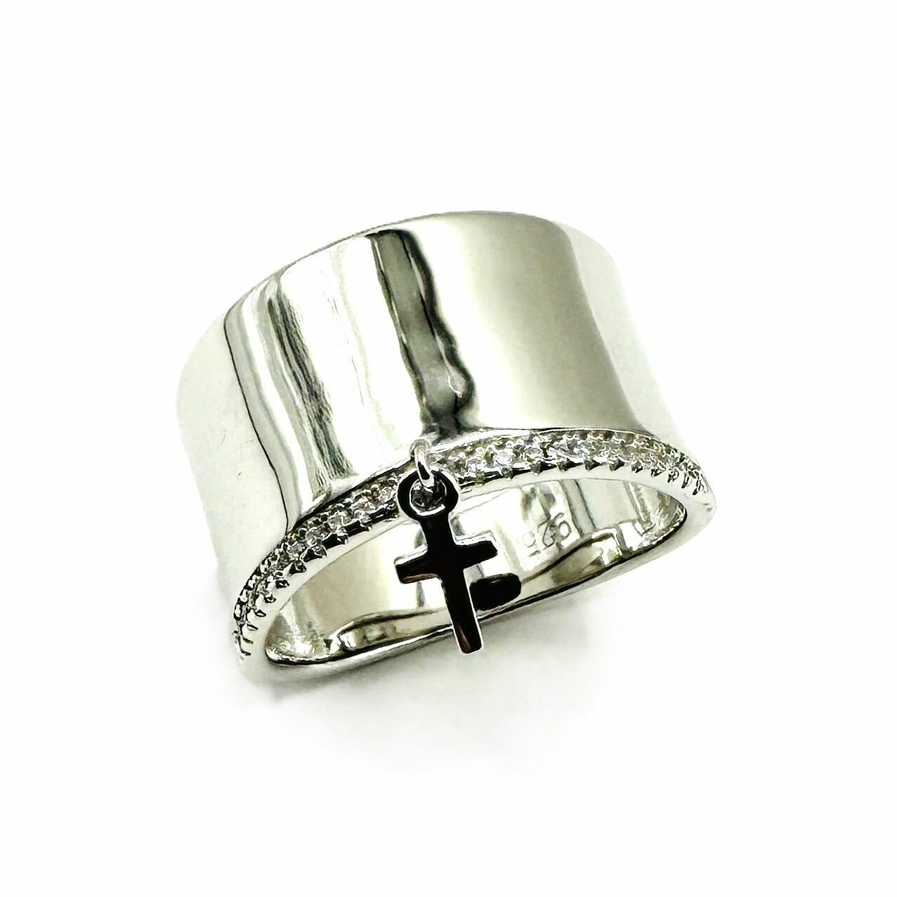 Кольцо тонкое, широкое, серебро, 925 проба, родирование, циркон, фианит