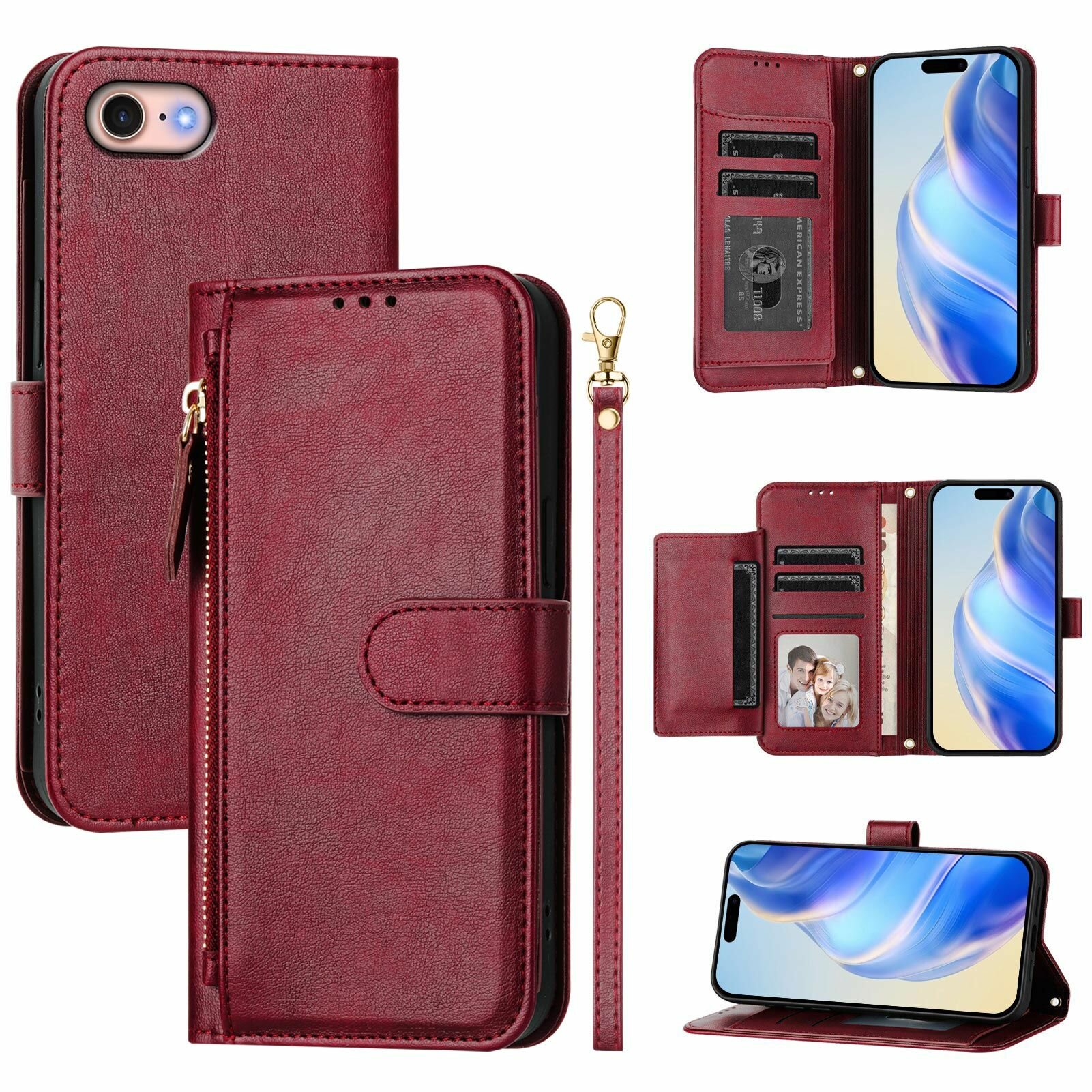 Кожаный книжка чехол в виде бумажника для Apple iPhone 6/ 7 / 8 / SE 2020 (SE 2) / SE 2022 (SE 3) с застежкой-молнией, коротким шнуром, Складной слот для карт и отделением для кошелька