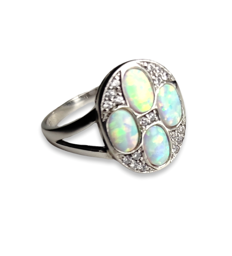 Перстень, серебро, 925 проба, родирование, опал синтетический, фианит