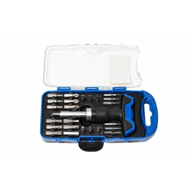 Отвертка реверсивная Т-образная с набором бит, 25пр, в пластиковом футляре