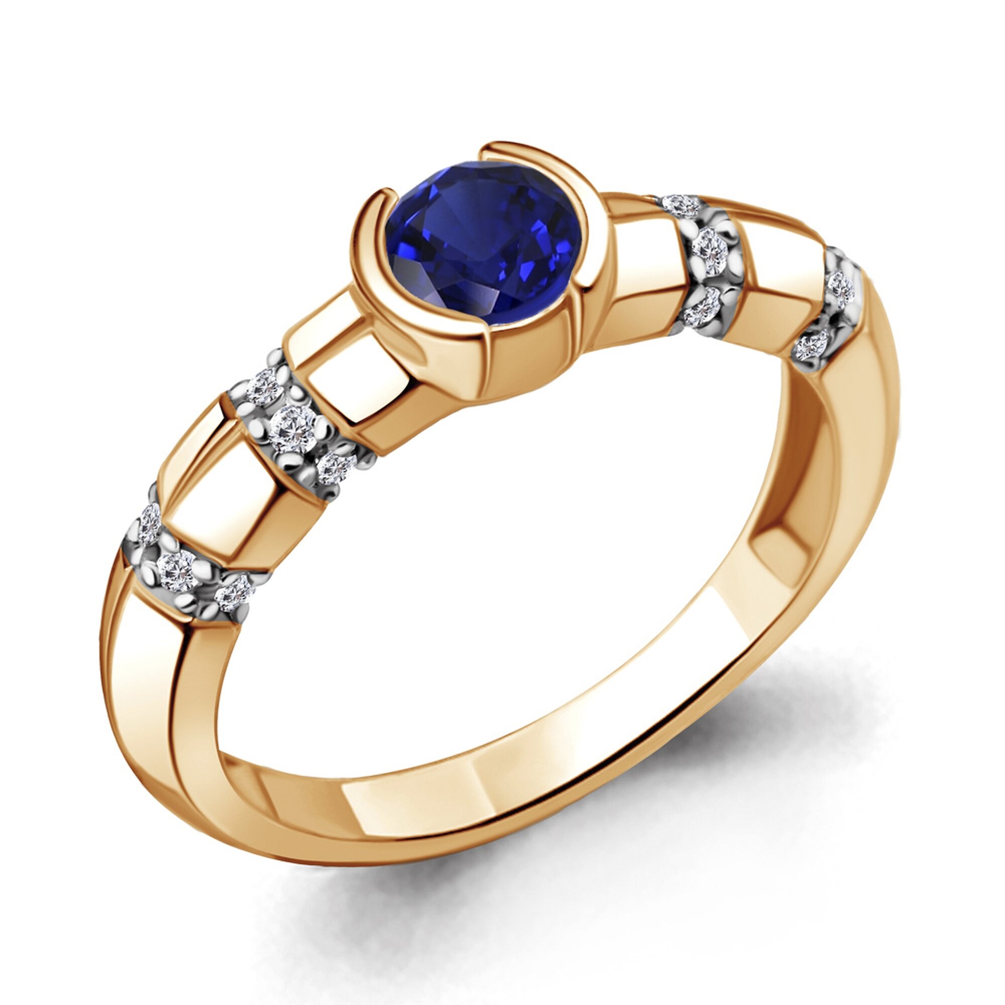 Кольцо, серебро, 925 проба, золочение, сапфир синтетический, фианит