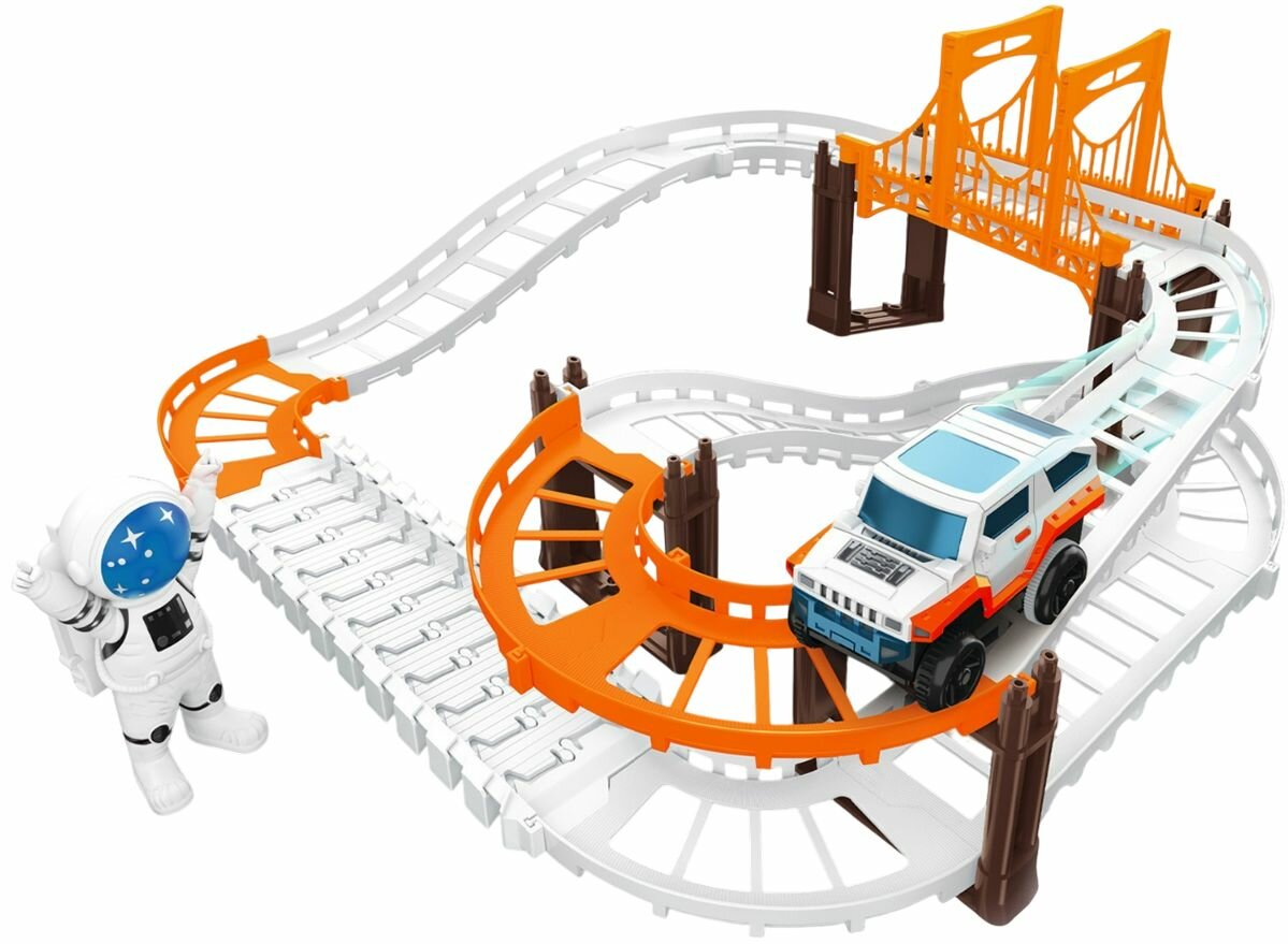 Автотрек детский "Космо-трек" с машинкой, мостом и фигуркой космонавта, 39 деталей, длина пути 196 см, работает от батареек, от 3 лет