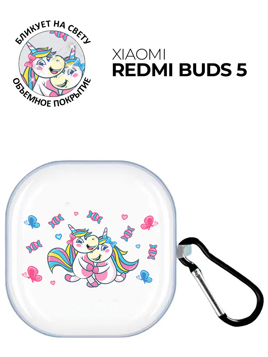 Чехол на Xiaomi Redmi Buds 5 с принтом "Единорог и конфеты" прозрачный