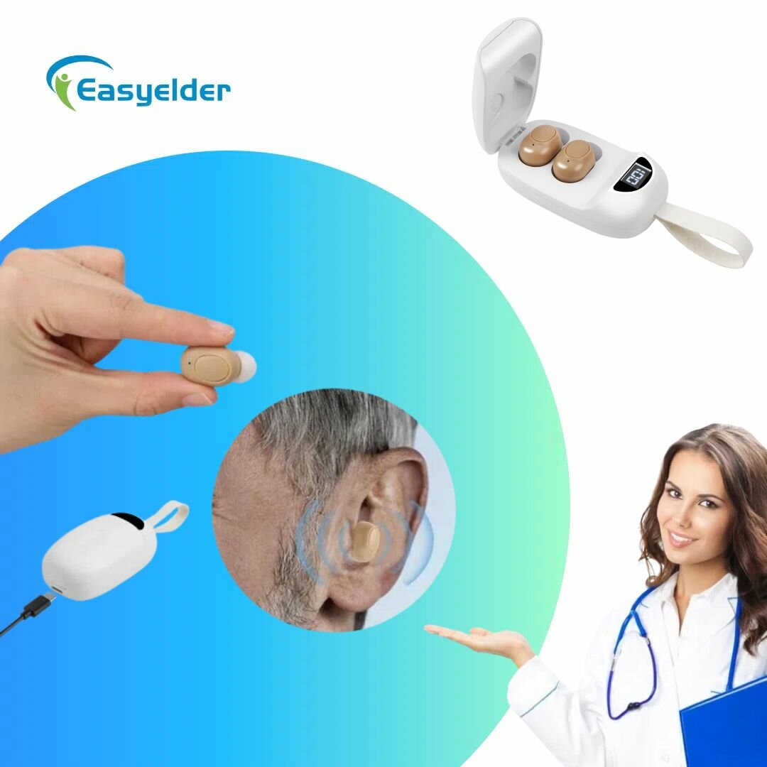Easyelder Перезаряжаемые слуховые аппараты для пожилых с шумоподавлением, сенсорное управление, зарядный кейс на 60 часов
