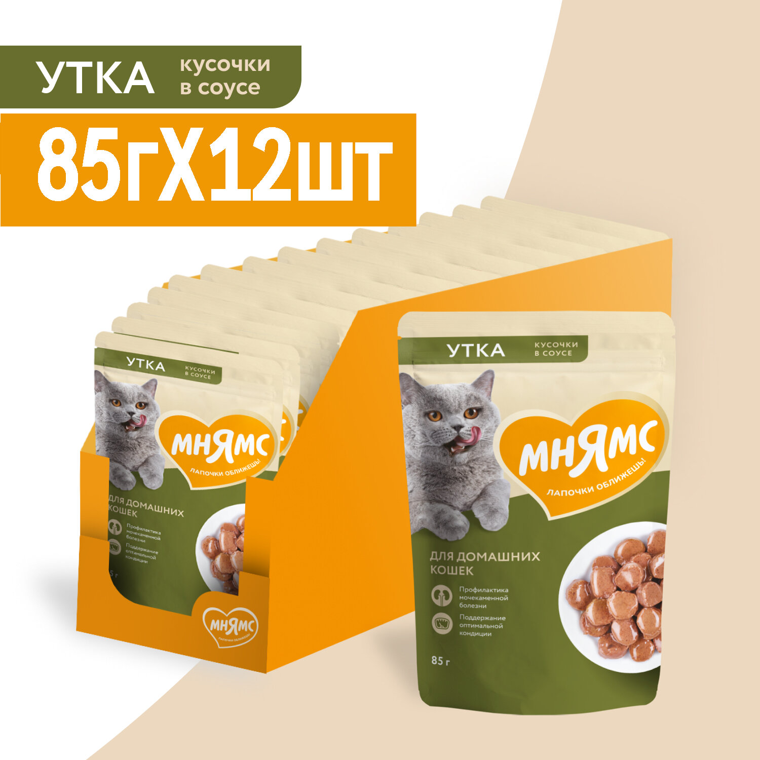 Влажный корм Мнямс Кусочки в соусе с уткой для домашних кошек, 12 шт х 85 гр