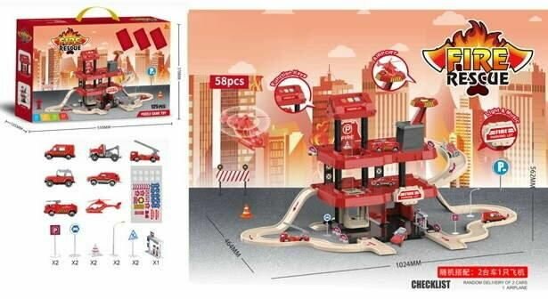 Паркинг КНР "Fire Rescue", 3 этажа, 58 деталей, свет, звук, 2 машинки, вертолет, дорожные знаки, заправка, в коробке