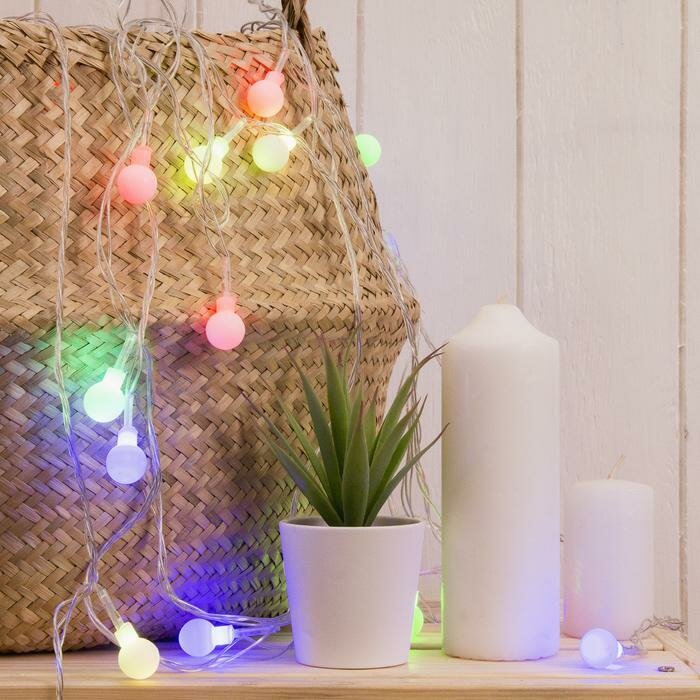 Гирлянда Luazon Lighting Нить с насадками Шарики Белые, 5 м, LED-20-220 В, мигает, нить прозрачная, свечение мульти (RG/RB) (541526)