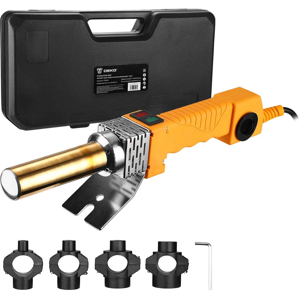 Аппарат для сварки полипропиленовых труб DEKO PPWM2500W в пластиковом кейсе, 4 насадки (16-32 мм) 085-3013, надежное