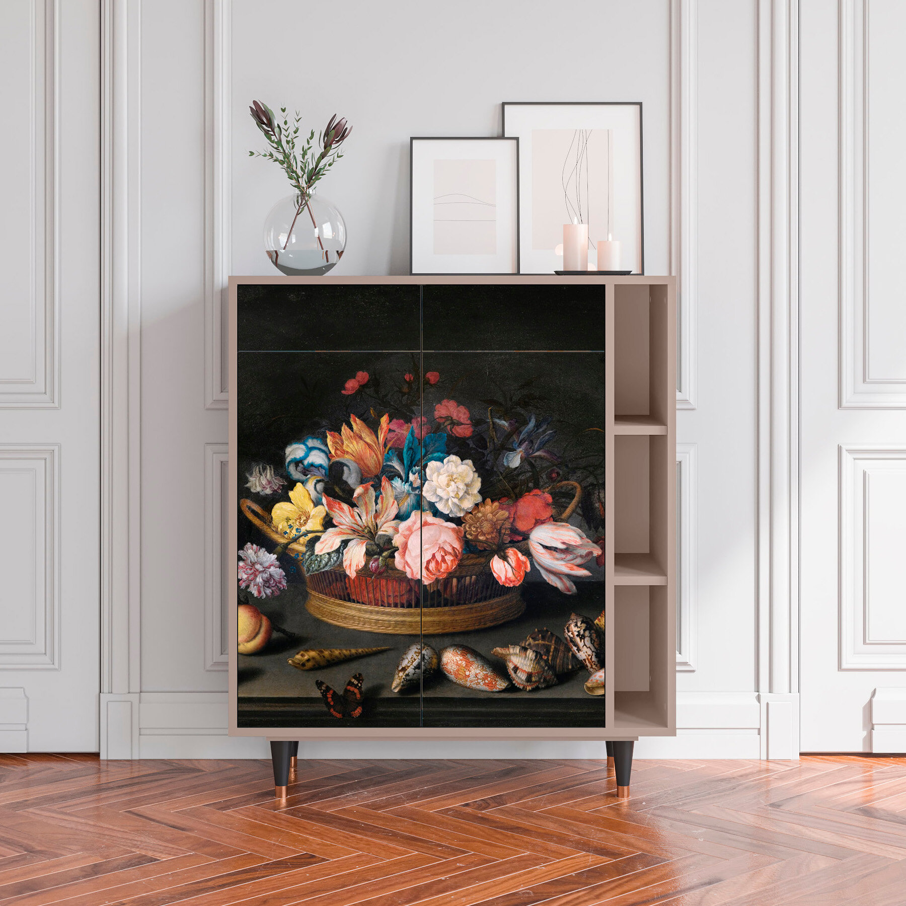 Комод - STORYZ - BS6 Still Life with Flowers and Shells by Balthasar van der Ast , Размер - 94 x 110 x 41 см, Цвет корпуса - , Бежевый