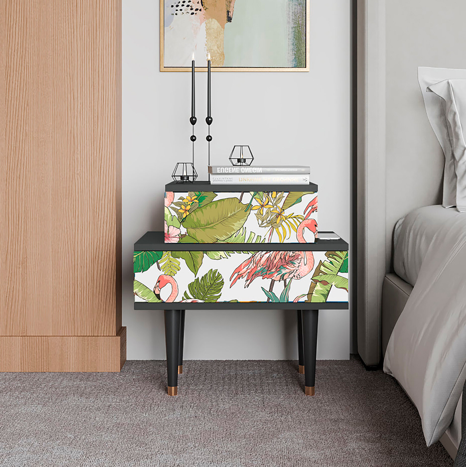 Прикроватная тумба - STORYZ - NS1 Sweet Flamingo, Размер - 58 x 58 x 41 см, Цвет корпуса - , Антрацит