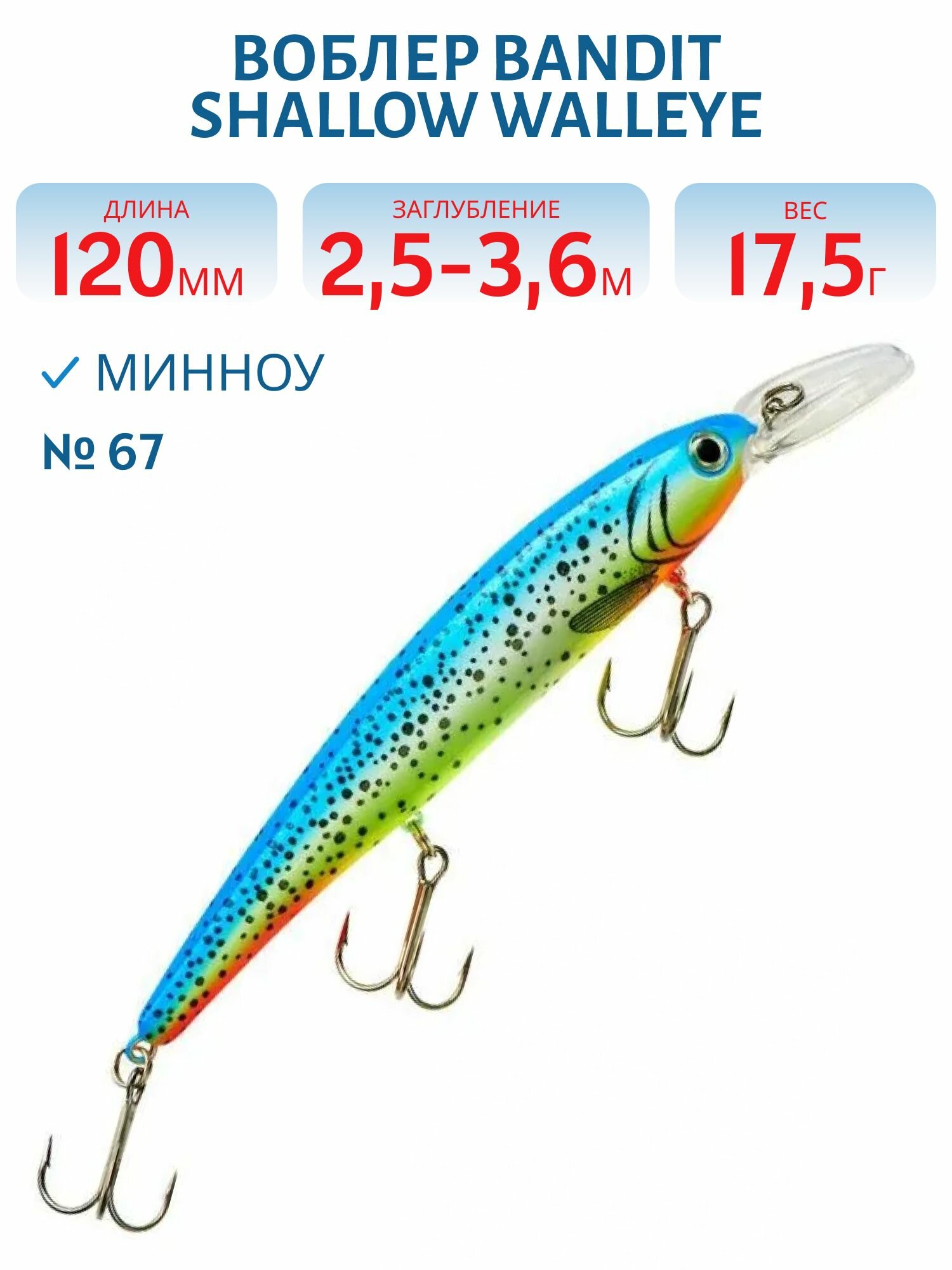 Воблер BANDIT SHALLOW WALLEYE, 120 мм, 17,5 гр, цвет 67
