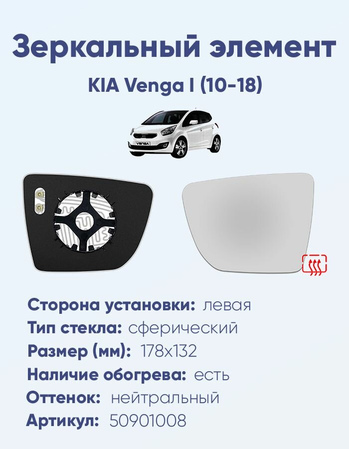 Зеркальный элемент левый KIA Venga I (10-18) сфера нейтральный с обогревом