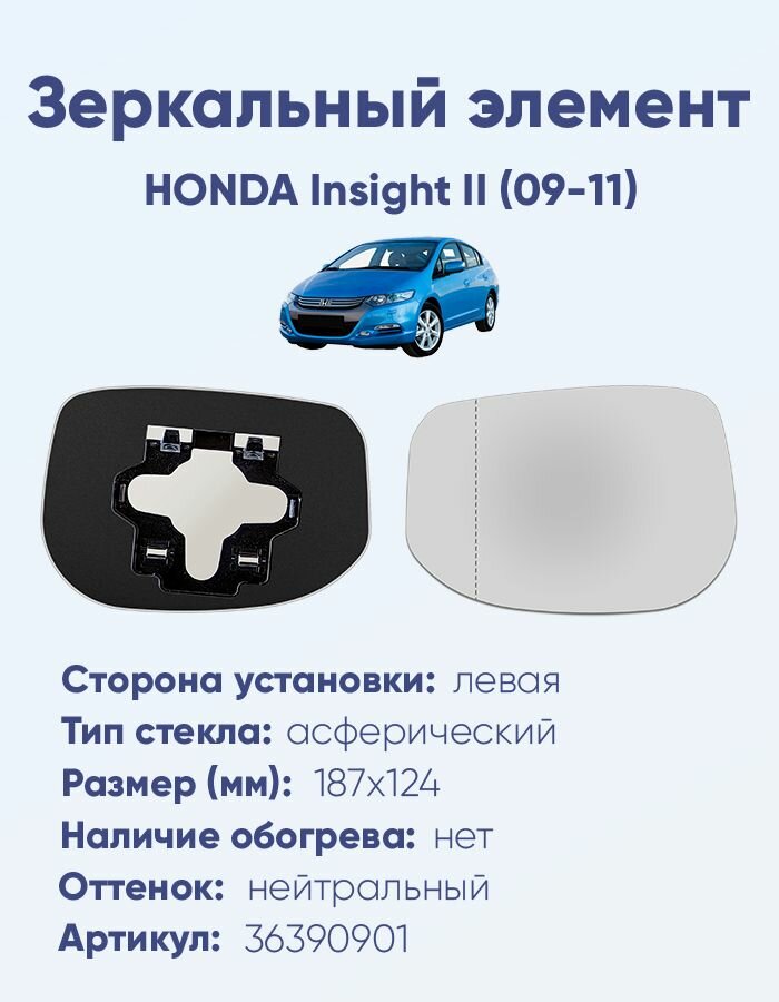Зеркальный элемент левый HONDA Insight II (09-11) асферика нейтральный без обогрева