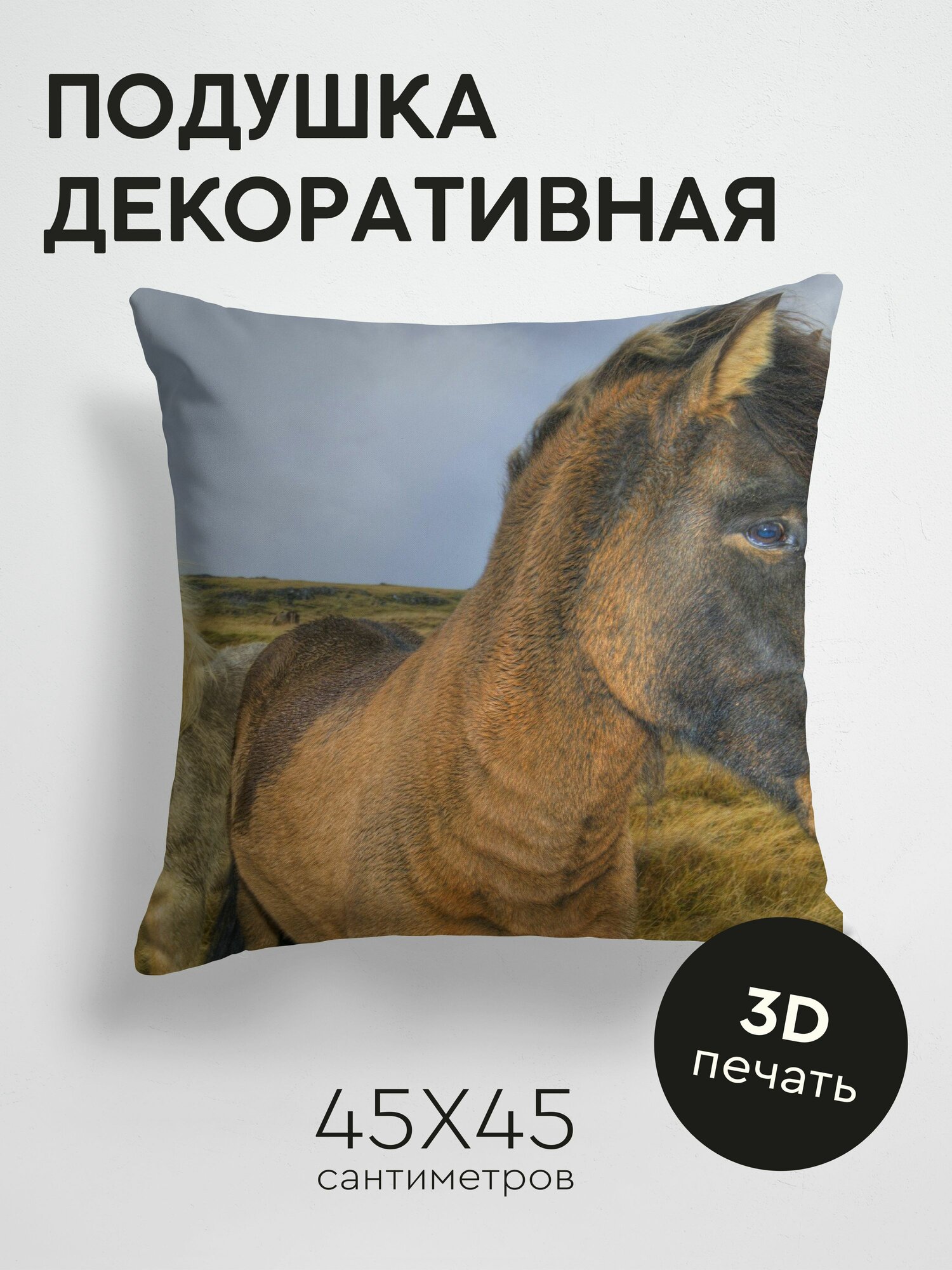 Подушка декоративная, 45x45см / Животные / пони / лошади / трава