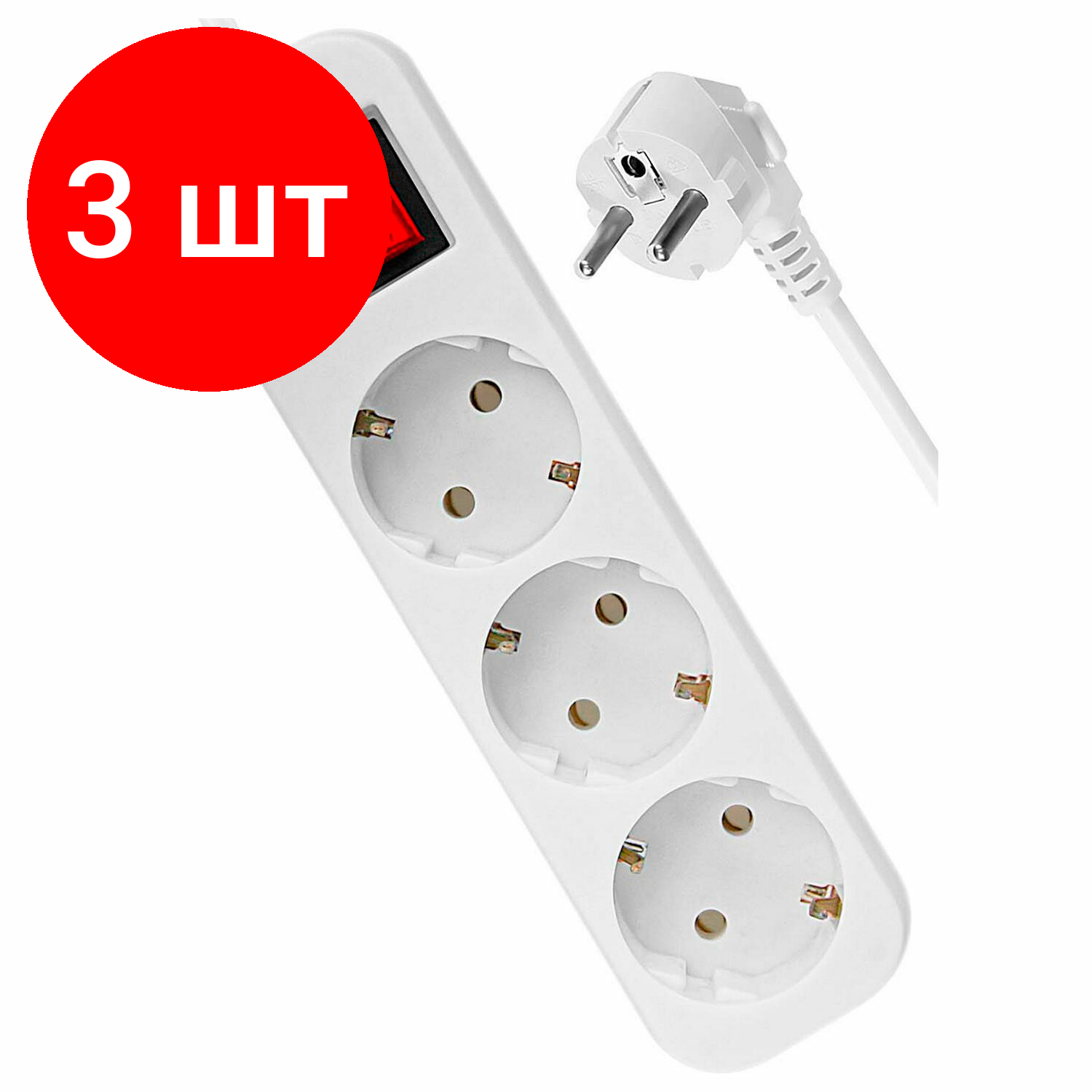 Комплект 3 шт, Удлинитель сетевой DEFENDER S350, 3 розетки, c заземлением, выключатель, 10А, длина 5 м, бел, 99235