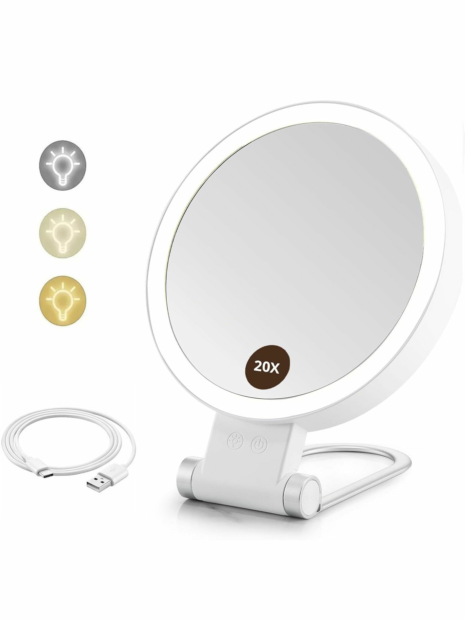 20-кратное увеличительное зеркало, двустороннее с регулируемой складной ручкой, Туалетное зеркало с 3-цветным светодиодом