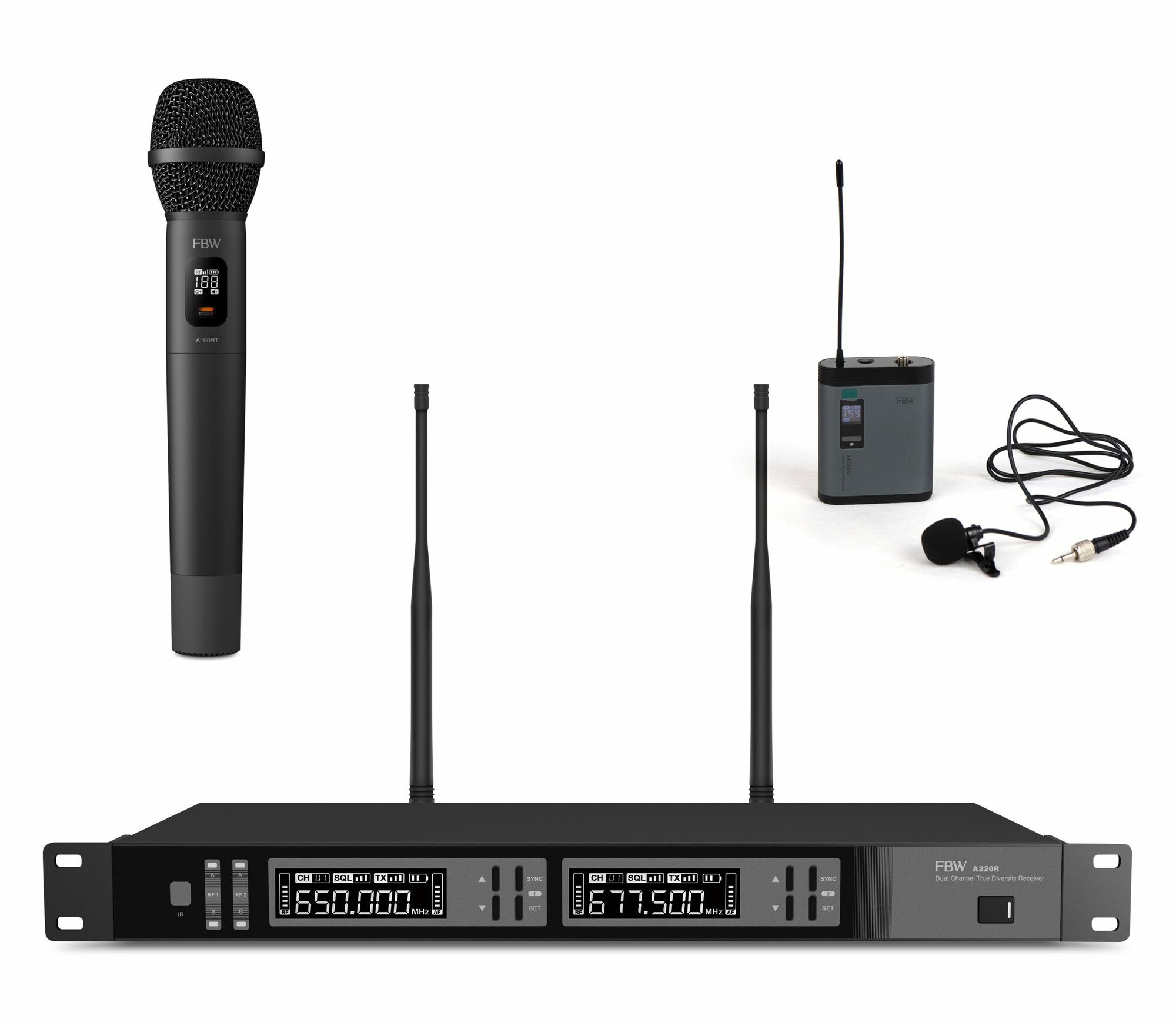 FBW A2D-MIX радиосистема, комплект из диверситивного приёмника A220R с ручным передатчиком A100HT и портативным A100BT с петличным микрофоном, 512-562МГц, индикация батареи, 50Гц-15кГц