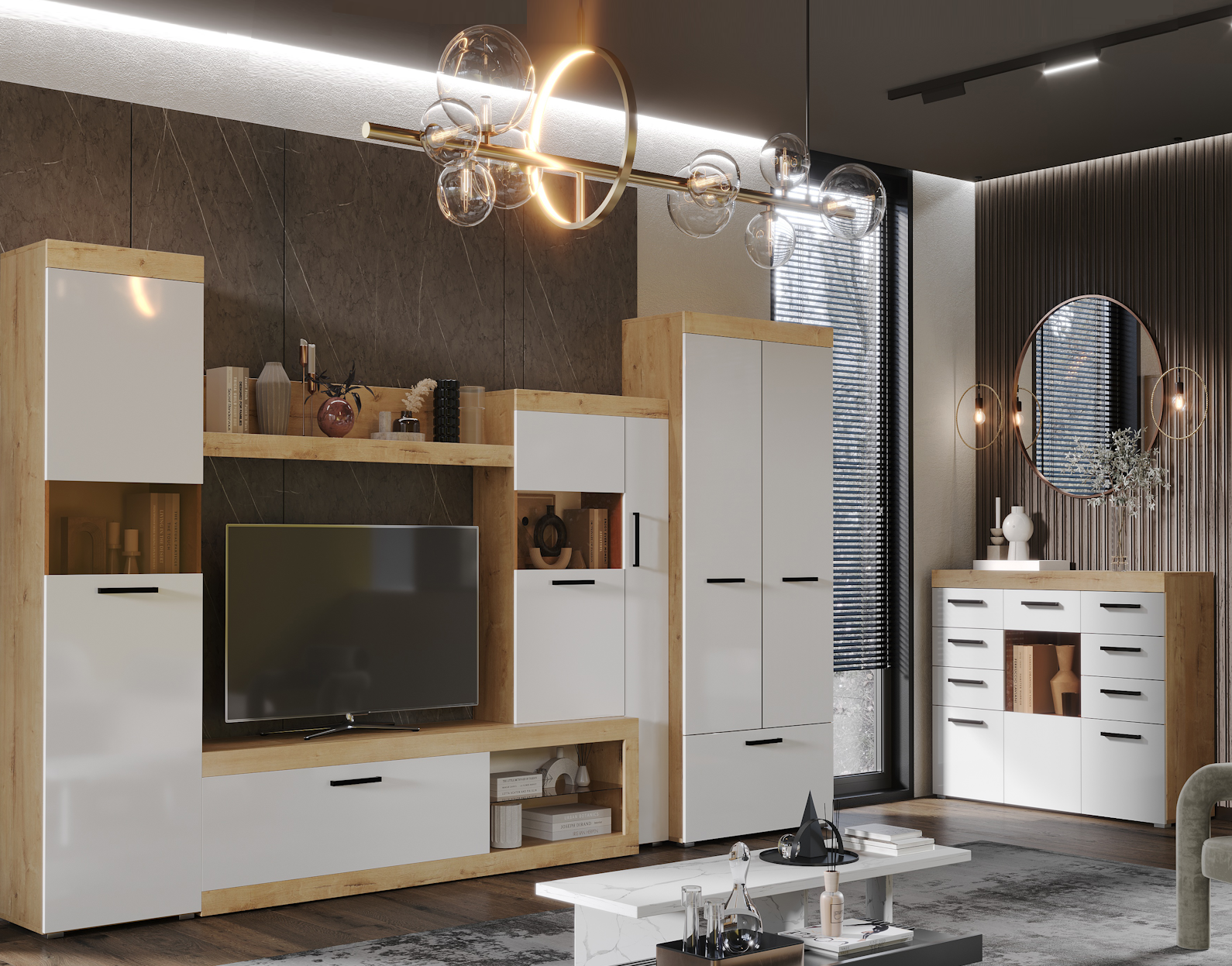 Гостиная Эра "Бастон" Дуб Вотан/Белый гладкий со шкафом и комодом