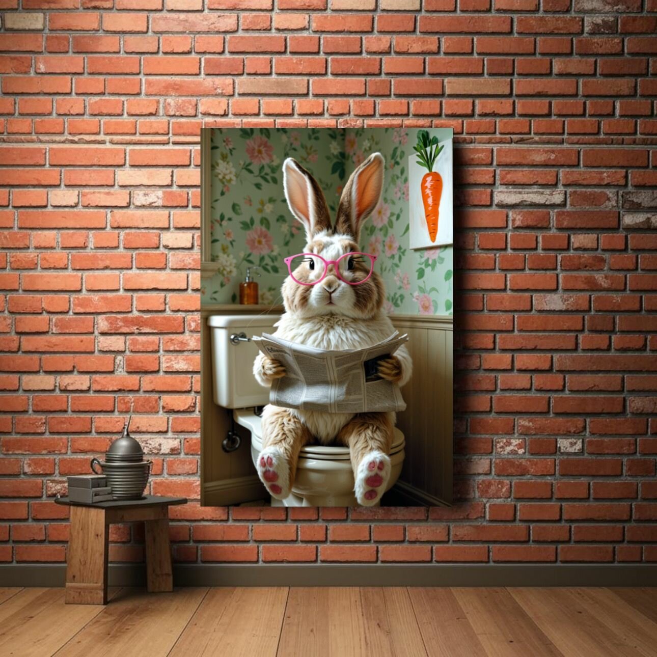 Картина в туалет, Кролик на унитазе, читает газету, 20*30 см