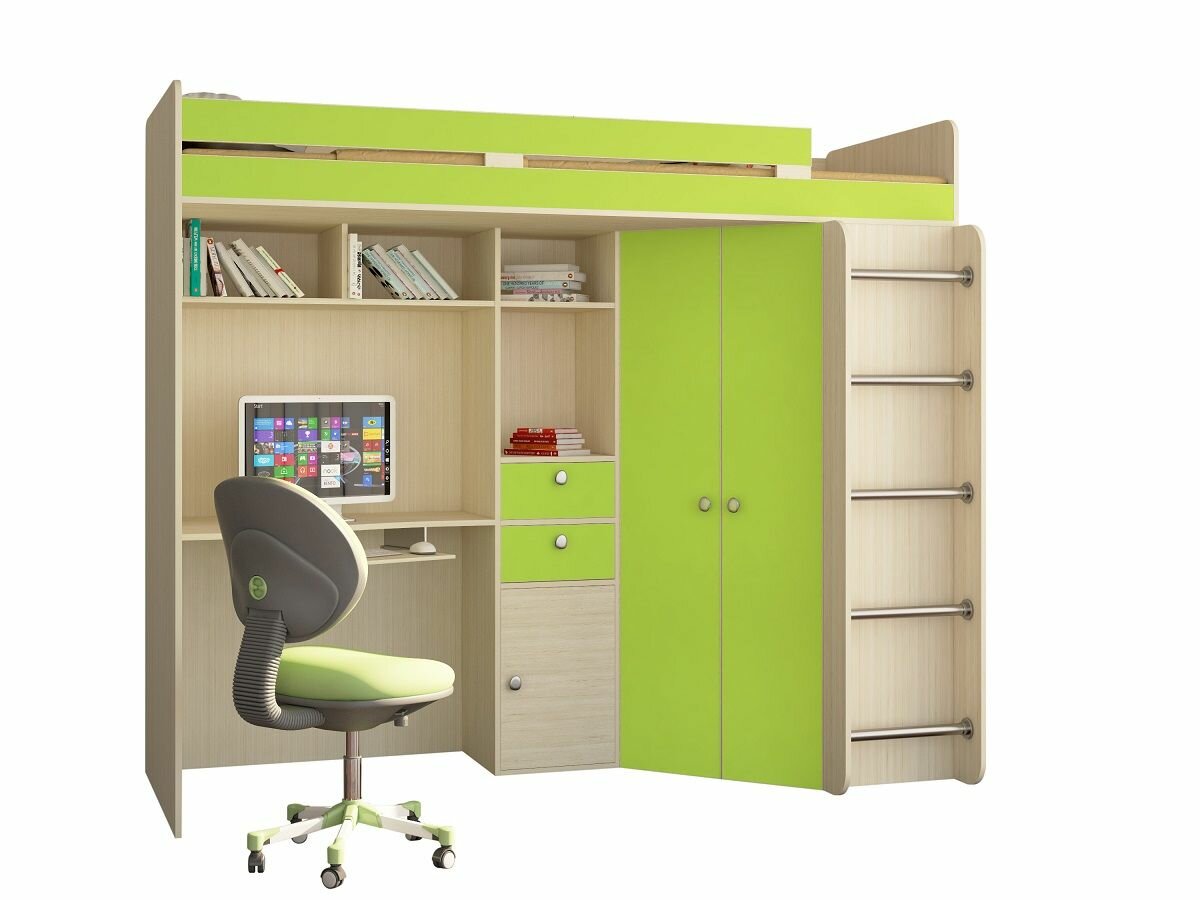 Кровать-чердак Астра, дуб молочный/салатовый, 202х100х190, со шкафом для одежды и столом