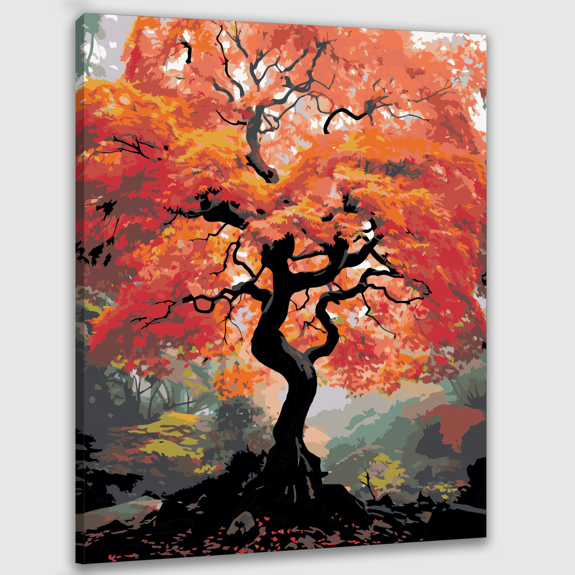 Картина по номерам 40x50 см, картина, фотография, дерево, Ветвь судьбы, лес, ветви, листья, красный, оранжевый, желтый