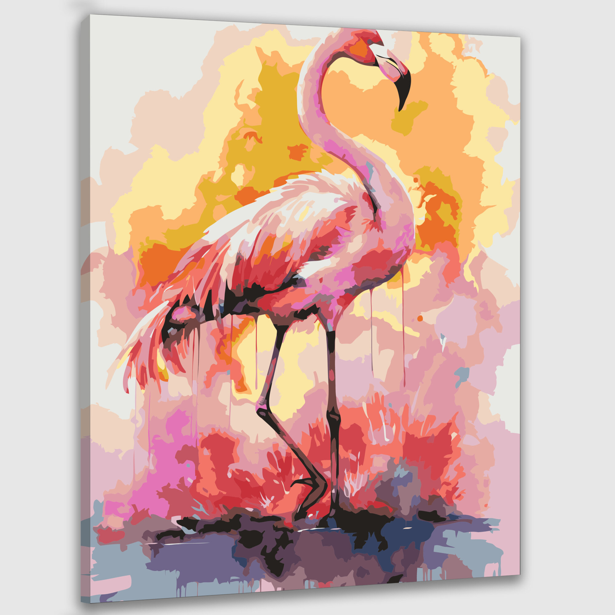 Картина по номерам 40x50 см, акварельная картина, фламинго, золотой закат, оттенки огненно-оранжевог