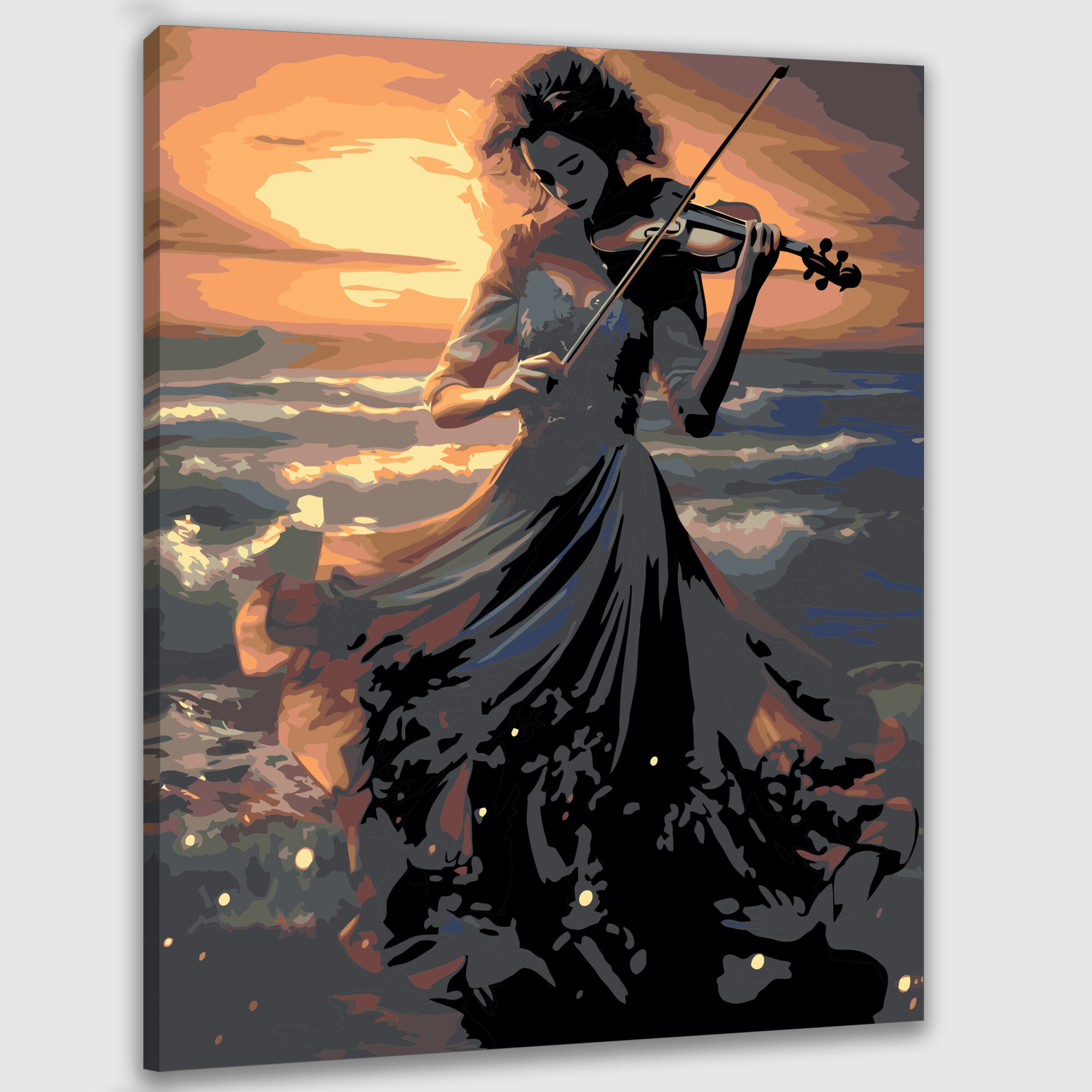 Картина по номерам 40x50 см, молодая девушка, скрипка, пляж, лунный свет, распущенные волосы, элегантное платье