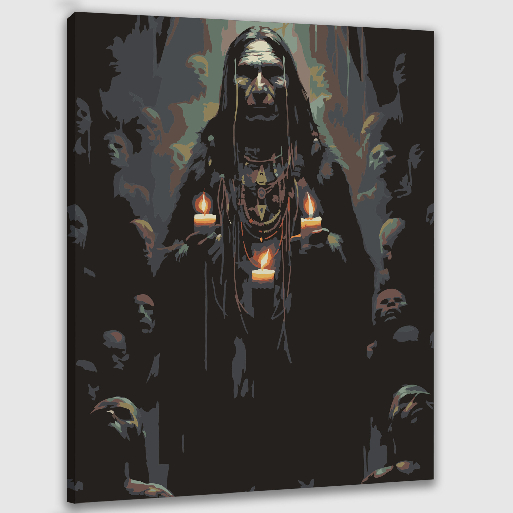 Картина по номерам 40x50 см, шаман, ритуал, свечи, тени, лицо, жесты, заклинания, духи, неземное царство