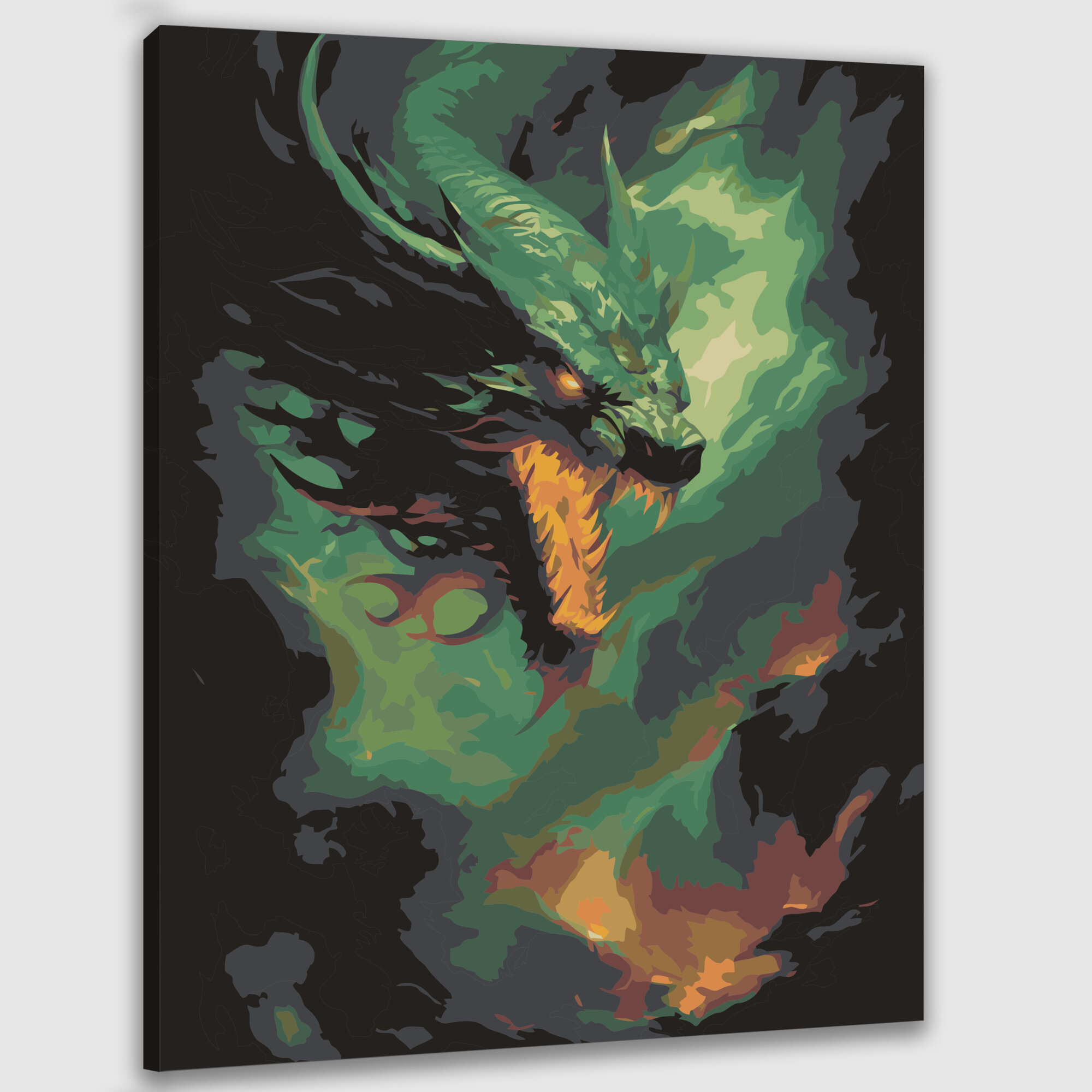 Картина по номерам 40x50 см, картина, масло, дракон, чешуя, изумрудно-зеленый, мерцающий золотой, парит, грозовое небо